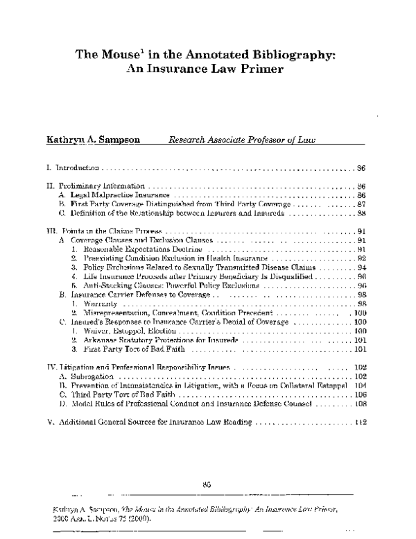 (PDF) The Mouse in the Annotated Bibliography: An Insurance Law Primer