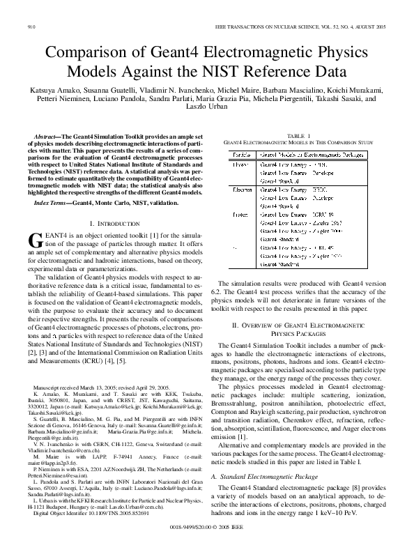 (PDF) Comparison of Geant4 Electromagnetic Physics Models Against the NIST Reference Data