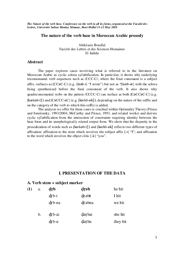 (PDF) The Nature of the Verb Base in Moroccan Arabic