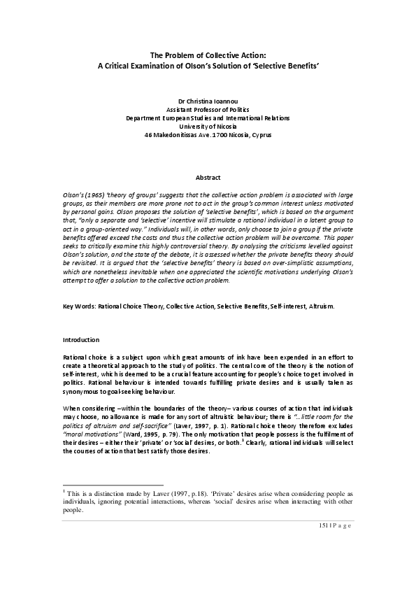 (PDF) The Problem of Collective Action: A Critical Examination of Olson ...