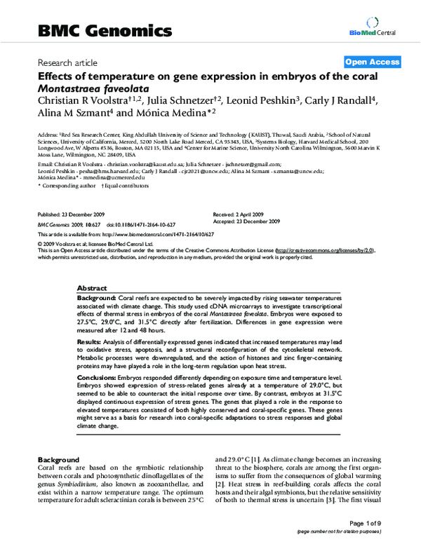 (PDF) Effects of temperature on gene expression in embryos of the coral ...
