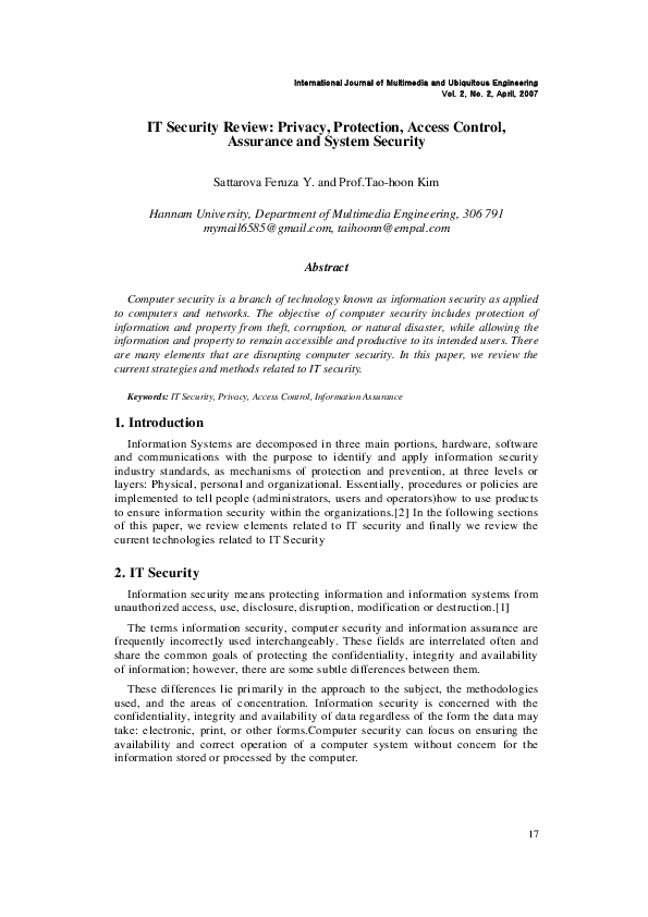 (PDF) IT Security Review: Privacy, Protection, Access Control ...