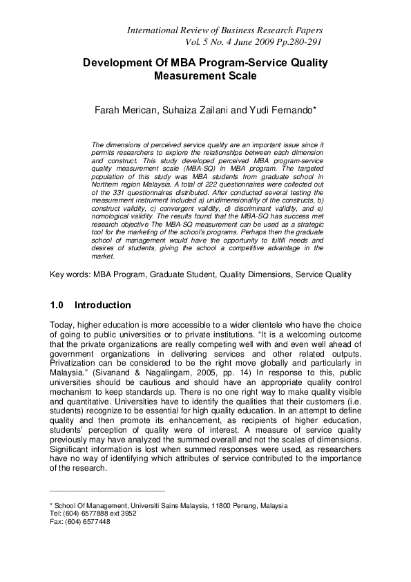 (PDF) Development Of MBA Program-Service Quality Measurement Scale