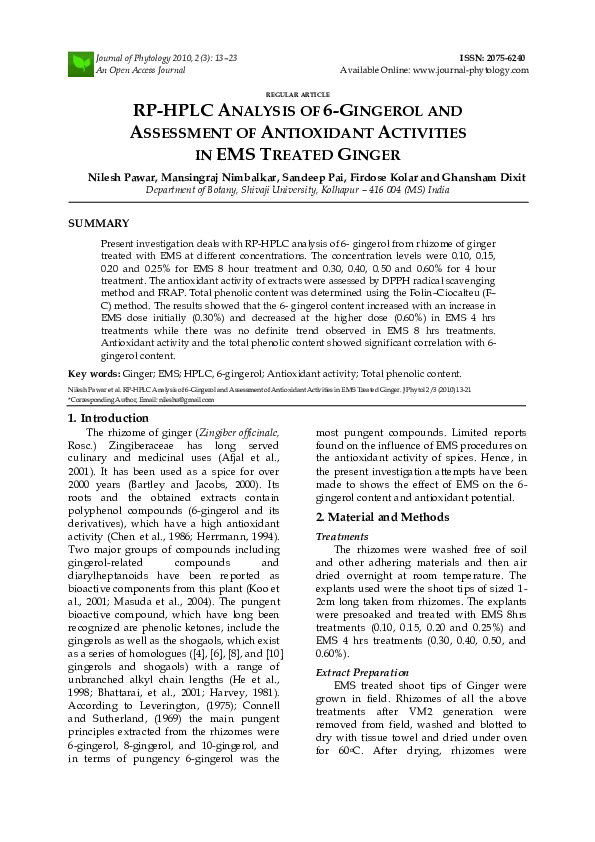 Pdf Rp Hplc Analysis Of 6 Gingerol And Assessment Of Antioxidant Activities In Ems Treated Ginger