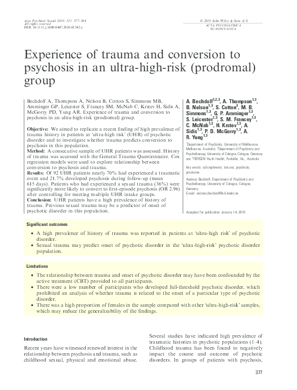 (PDF) Experience of trauma and conversion to psychosis in young people ...