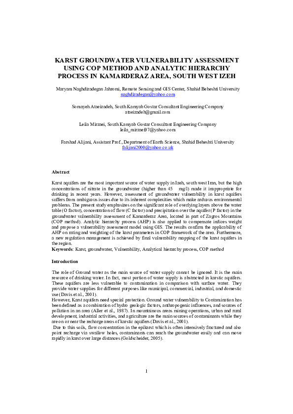 Pdf Karst Groundwater Vulnerability Assessment Using Cop Method And Analytic Hierarchy Process