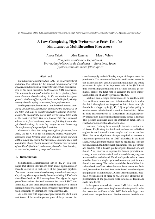 Pdf A Low Complexity High Performance Fetch Unit For Simultaneous Multithreading Processors
