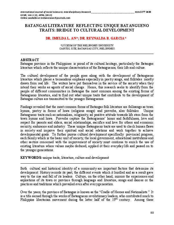 (PDF) BATANGAS LITERATURE REFLECTING UNIQUE BATANGUENO TRAITS: BRIDGE ...