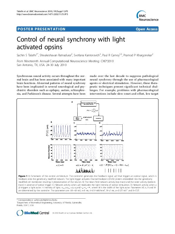 (PDF) Control of neural synchrony with light activated opsins