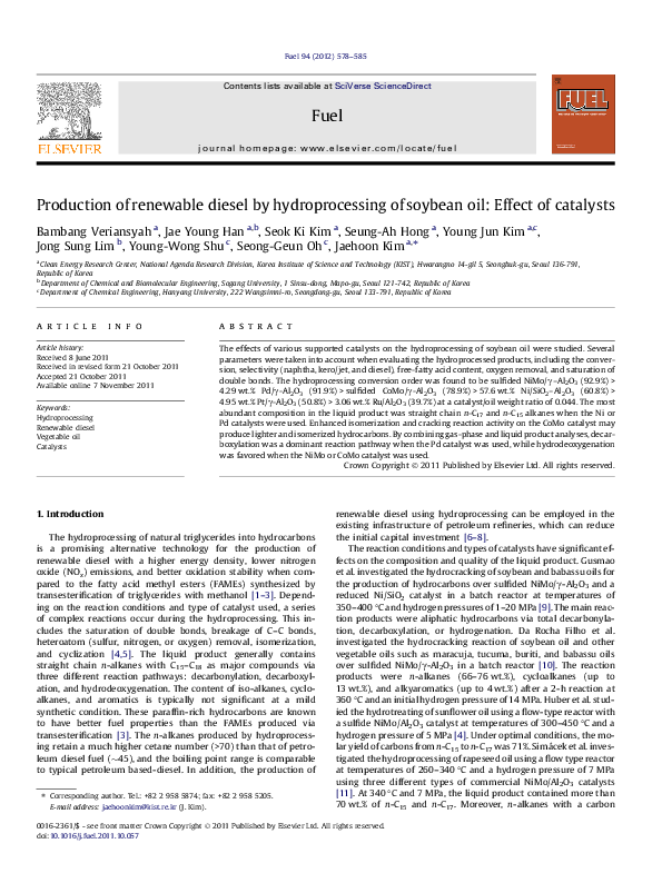 (PDF) Production of renewable diesel by hydroprocessing of soybean oil ...