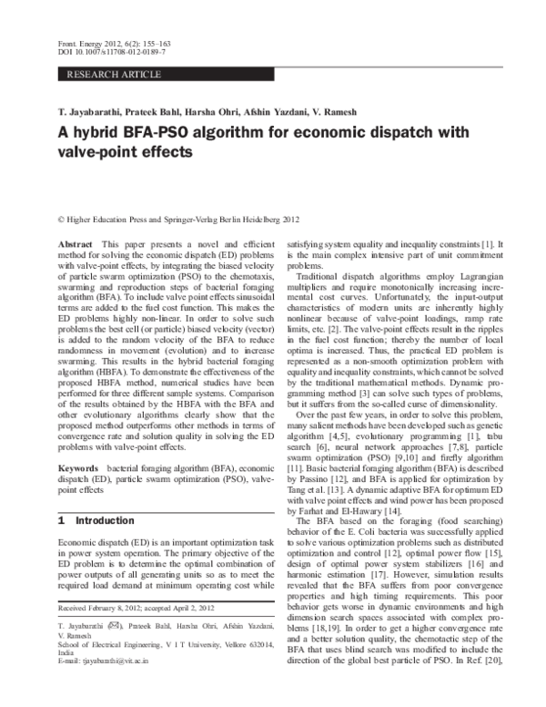A hybrid BFA-PSO algorithm for economic dispatch with valve-point effects