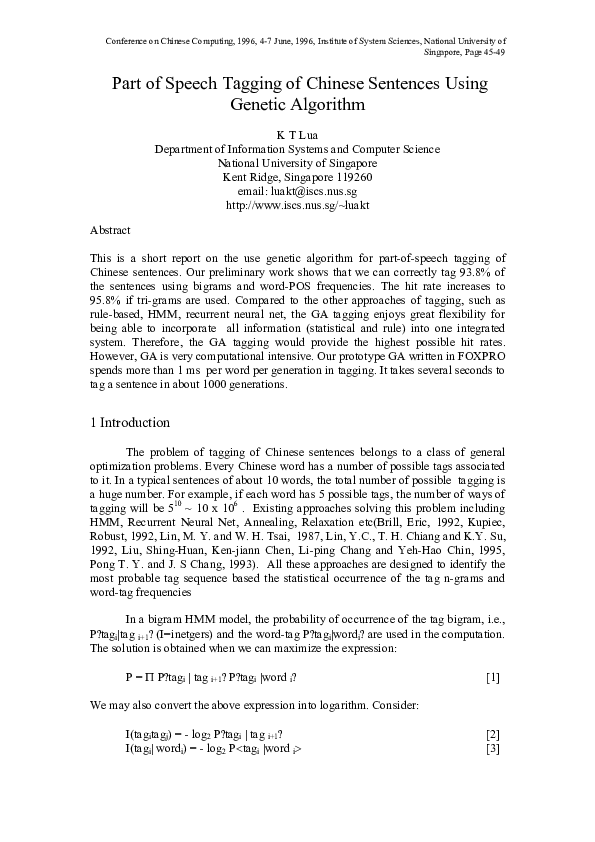 Pdf Part Of Speech Tagging Of Chinese Sentences Using Genetic Algorithm