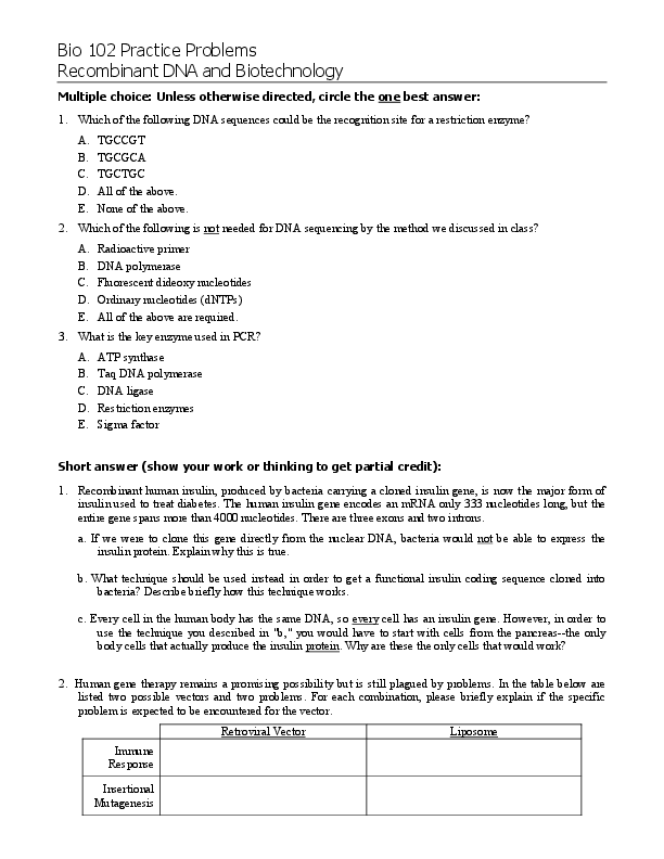 (PDF) Bio 102 Practice Problems Recombinant DNA and Biotechnology