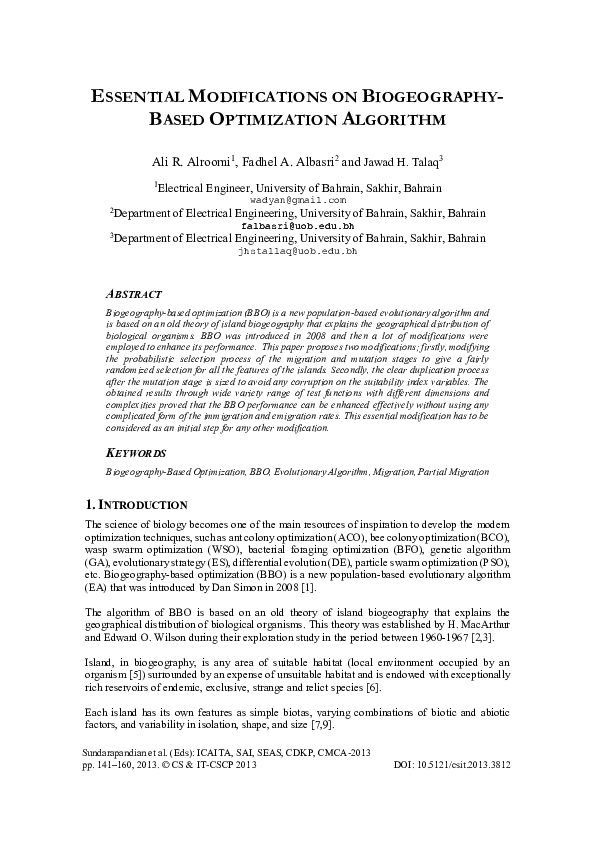 Pdf Essential Modifications On Biogeography Based Optimization Algorithm