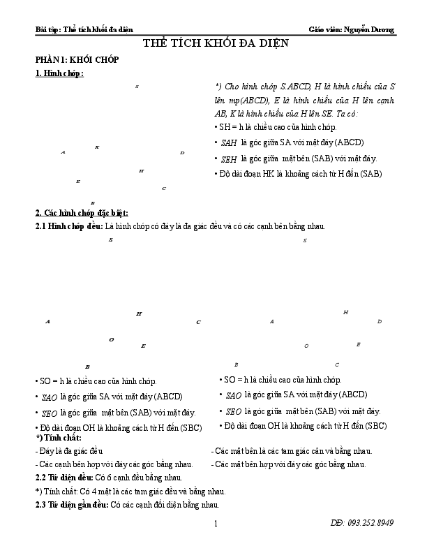 (DOC) TH TÍCH KH I ĐA DI N PH N 1: KH I CHÓP 1. Hình chóp: là góc gi a SA v i m t đáy (ABCD)
