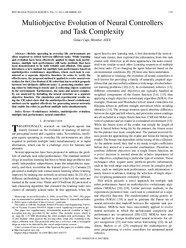 Pdf Multiobjective Evolution Of Neural Controllers And Task Complexity 5544