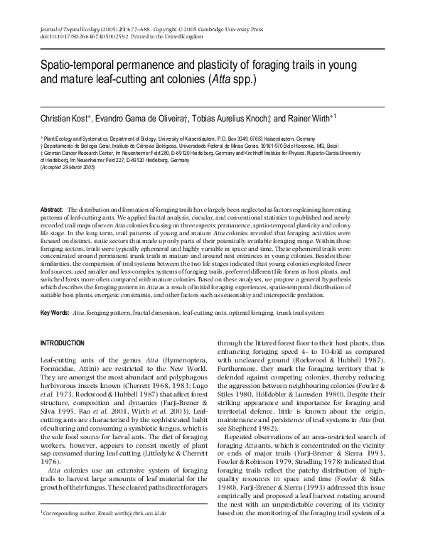 Pdf Spatio Temporal Permanence And Plasticity Of Foraging Trails In Young And Mature Leaf