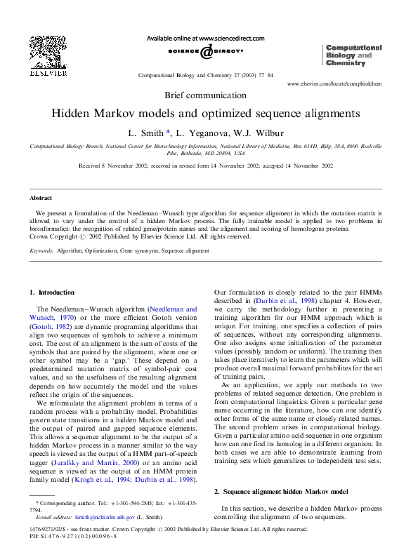 (PDF) Brief communication Hidden Markov models and optimized sequence alignments