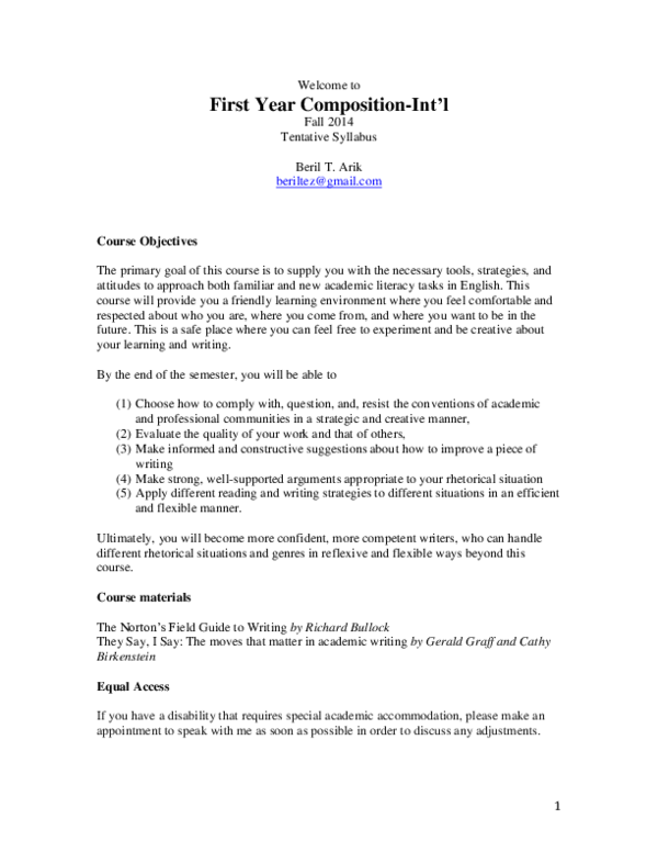 (DOC) Freshman Composition Syllabus for International Students (DOC) Freshman Composition Syllabus for International Students