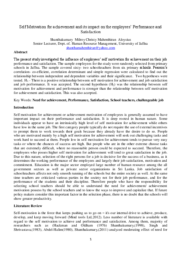 (PDF) Self Motivation for achievement and its impact on the employees ...