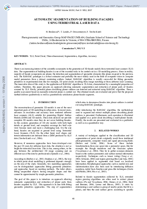 (PDF) AUTOMATIC SEGMENTATION OF BUILDING FACADES USING TERRESTRIAL LASER DATA