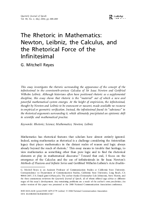 (PDF) The Rhetoric in Mathematics: Newton, Leibniz, the Calculus, and ...
