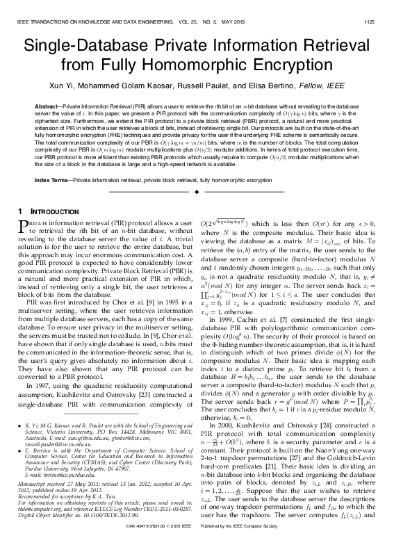 (PDF) Single-Database Private Information Retrieval from Fully Homomorphic Encryption