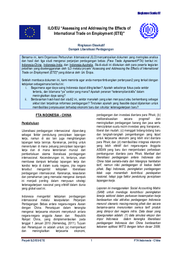 (PDF) Ringkasan Eksekutif Proyek ILO/EU-ETE 1 FTA Indonesia -China ILO/EU "Assessing and ...