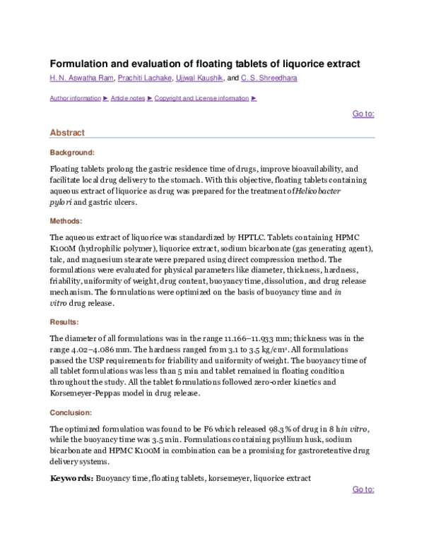 Doc Formulation And Evaluation Of Floating Tablets Of Liquorice Extract