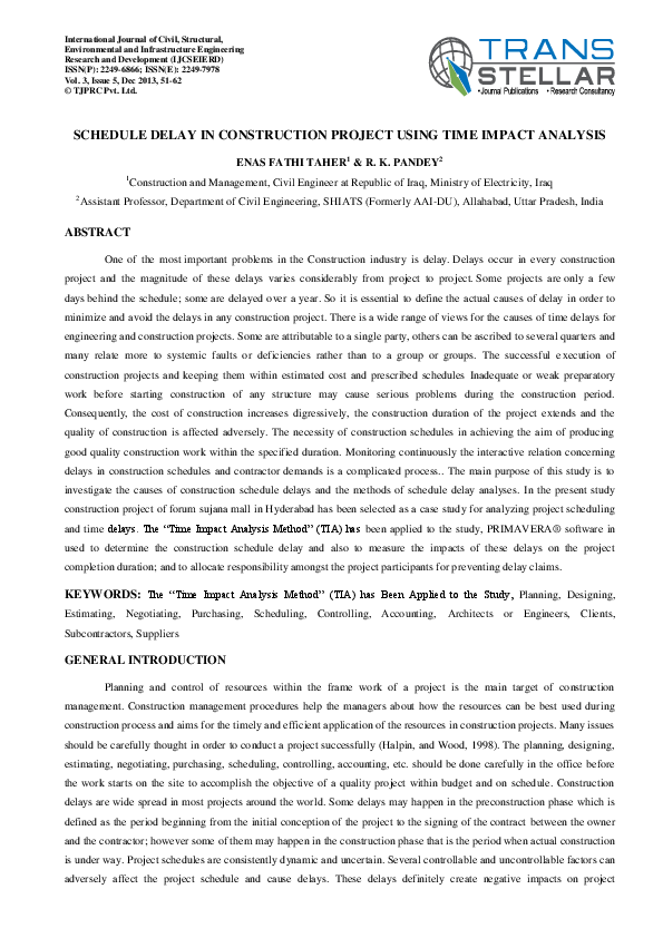 (PDF) Schedule Delay in Construction Project Using Time Impact Analysis