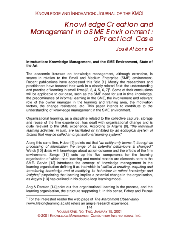 (PDF) Knowledge Creation and Knowledge Creation and Management in a SME Environment: Management ...