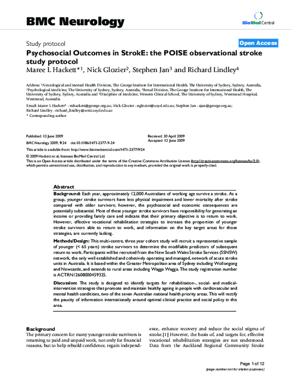 (PDF) Psychosocial Outcomes in StrokE: the POISE observational stroke ...