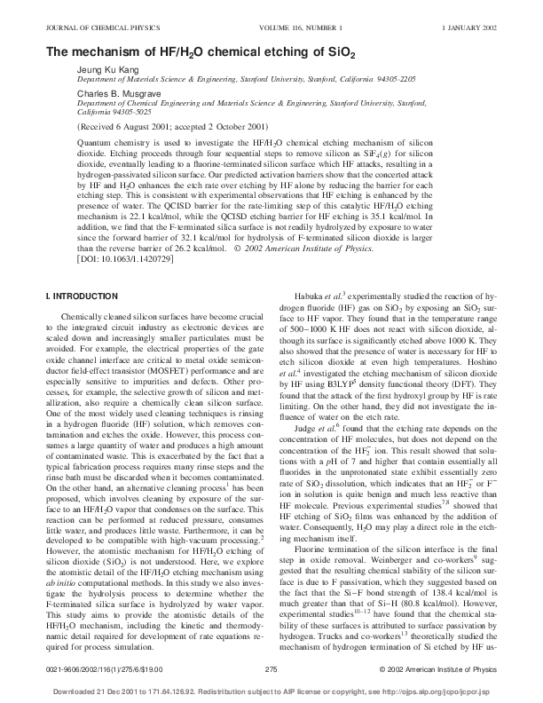 (PDF) The mechanism of HF and H2O chemical etching of SiO2