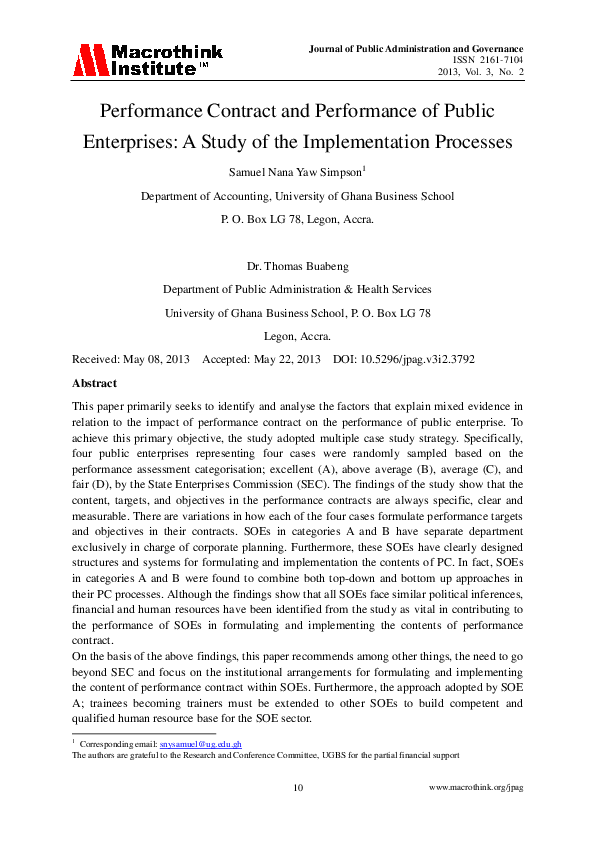 Performance Contract and Performance of Public Enterprises: A Study of ...