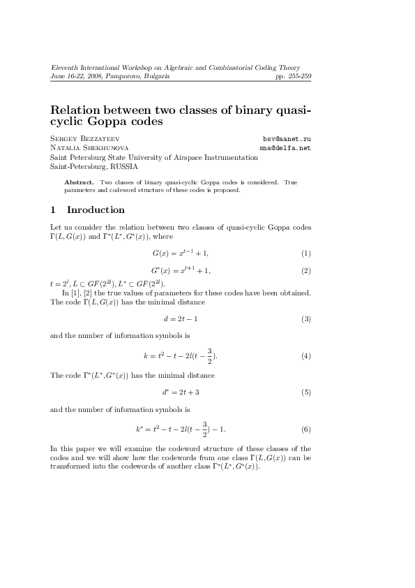Pdf Relation Between Two Classes Of Binary Quasi Cyclic Goppa Codes