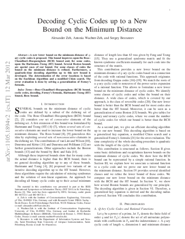 (PDF) Decoding Cyclic Codes up to a New Bound on the Minimum Distance