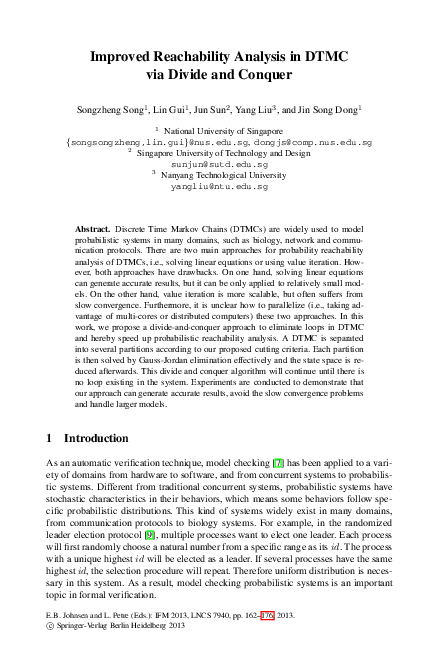 (PDF) Improved Reachability Analysis in DTMC via Divide and Conquer