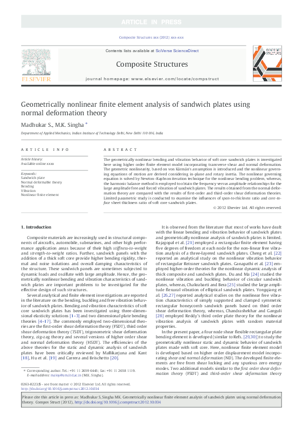 Pdf Geometrically Nonlinear Finite Element Analysis Of Sandwich Plates Using Normal