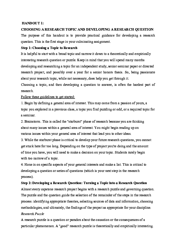 (PDF) HANDOUT 1: CHOOSING A RESEARCH TOPIC AND DEVELOPING A RESEARCH ...