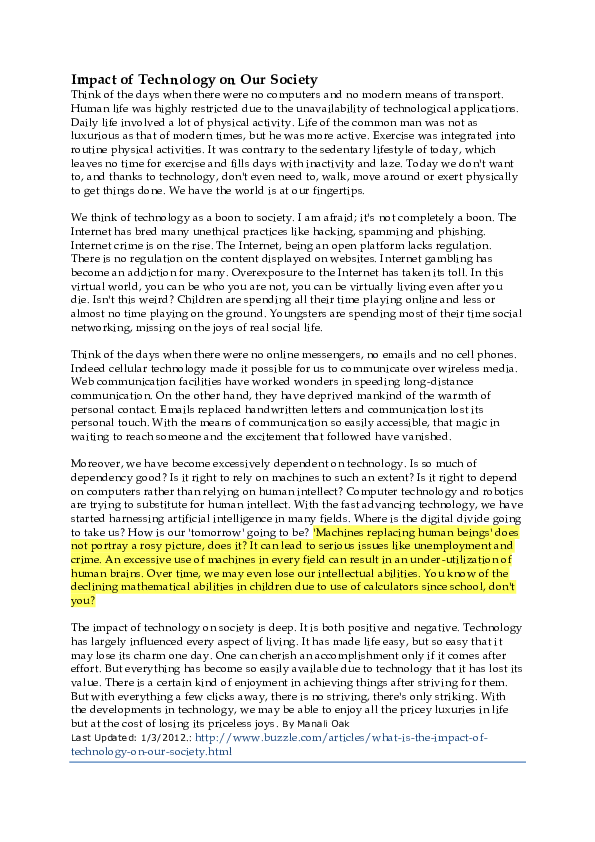 (DOC) Impact of Technology on Our Society Think of the