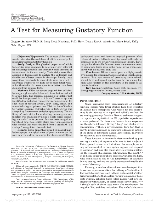 (PDF) A Test for Measuring Gustatory Function | marc sobel - Academia.edu