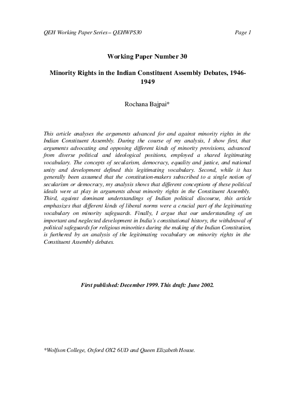 (PDF) Minority Rights in the Indian Constituent Assembly Debates, 1946-1950