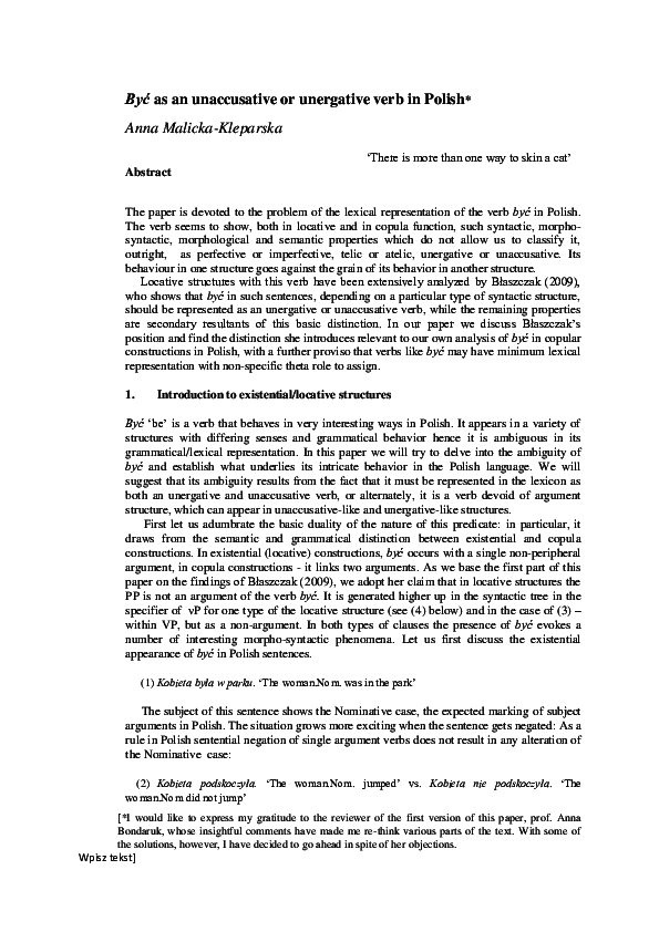 (PDF) Być as an unaccusative or an unergative verb in Polish