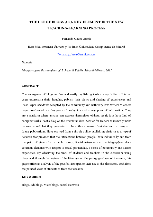 (PDF) The use of blogs as key element in the new Teaching-Learning process