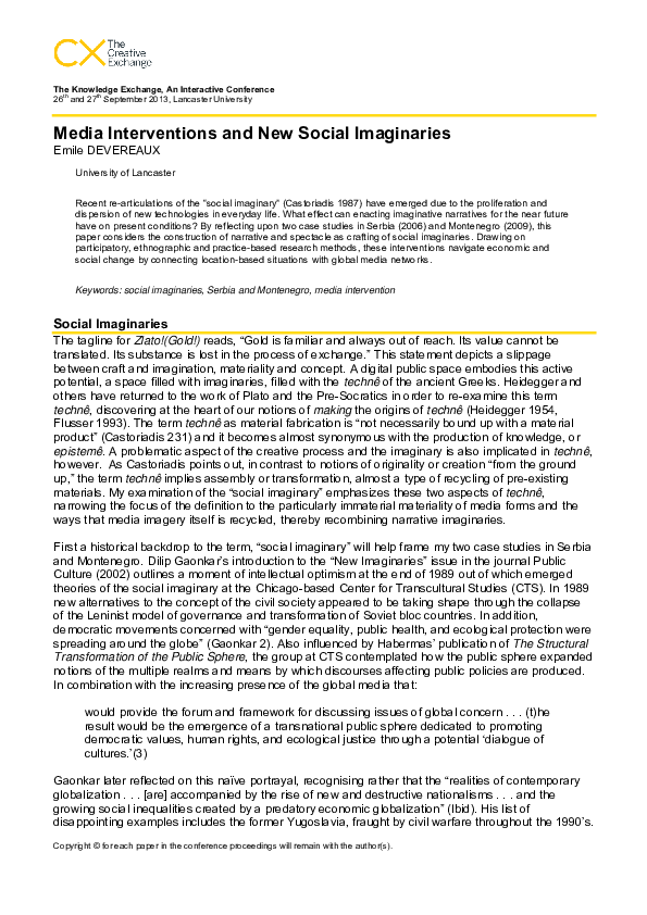 (PDF) Media Interventions and New Social Imaginaries