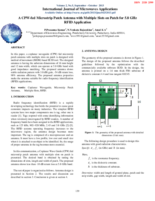 (PDF) A CPW-fed Microstrip Patch Antenna with Multiple Slots on Patch for 5.8 GHz RFID Application