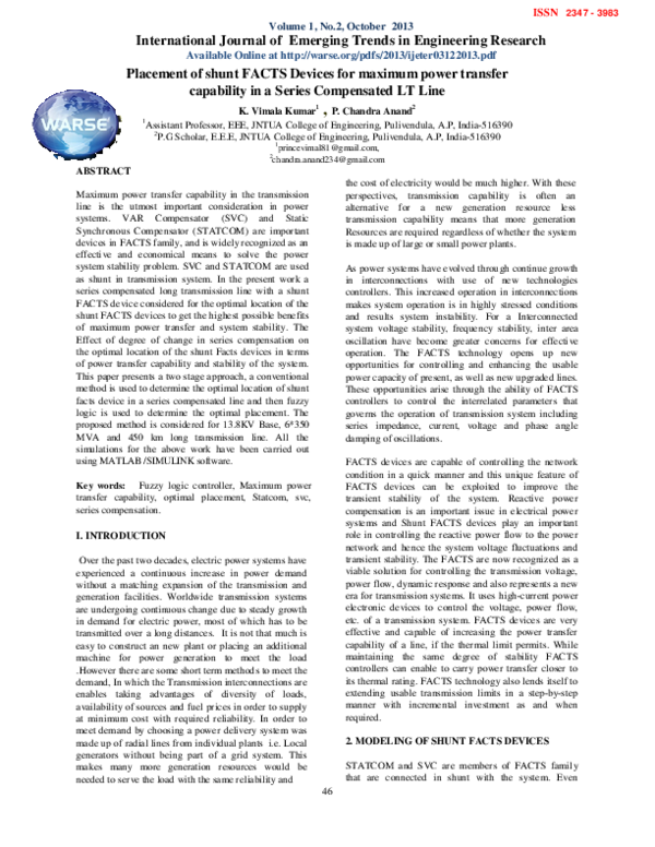 (PDF) Placement of shunt FACTS Devices for maximum power transfer capability in a Series ...