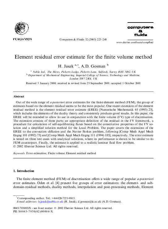 Pdf Element Residual Error Estimate For The Finite Volume Method