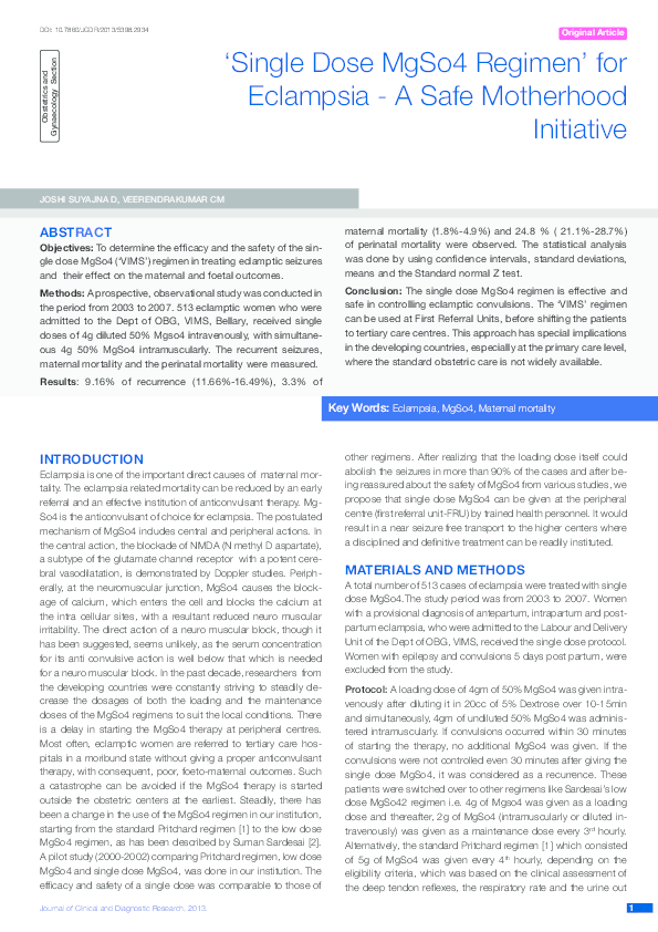 (PDF) 'Single Dose MgSo4 Regimen' for Eclampsia -A Safe Motherhood ...