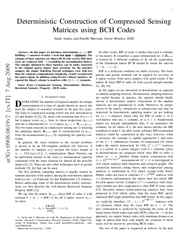 Pdf Deterministic Construction Of Compressed Sensing Matrices Using Bch Codes